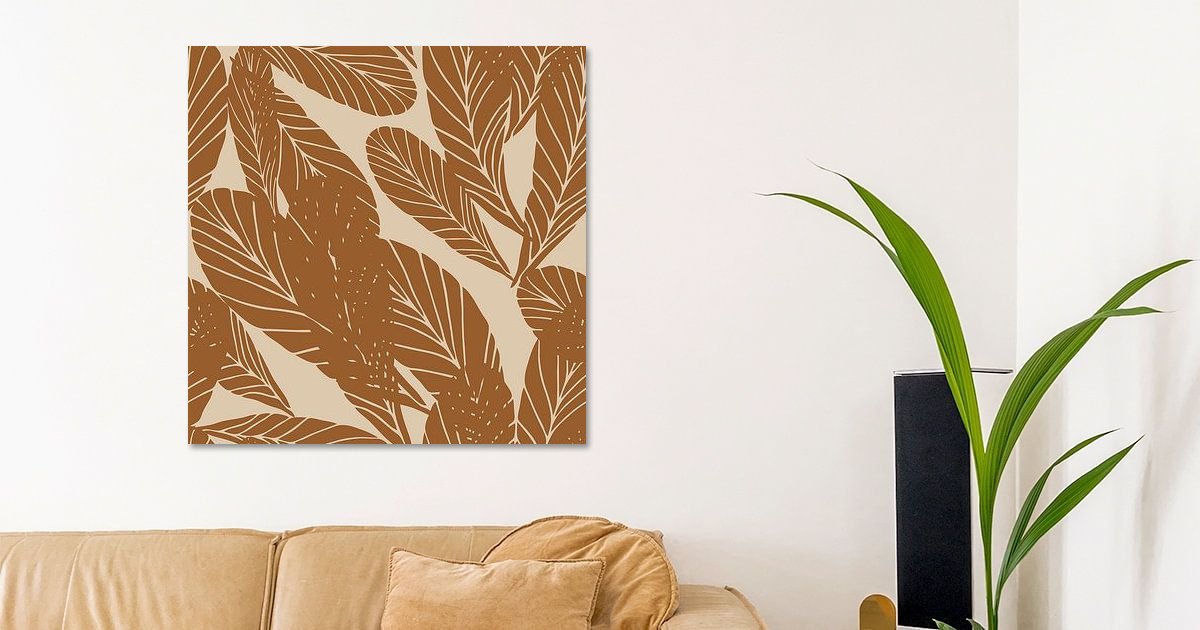 Boho stijl bladeren in retro kleuren. Moderne botanische kunst in terra op beige van Dina ...
